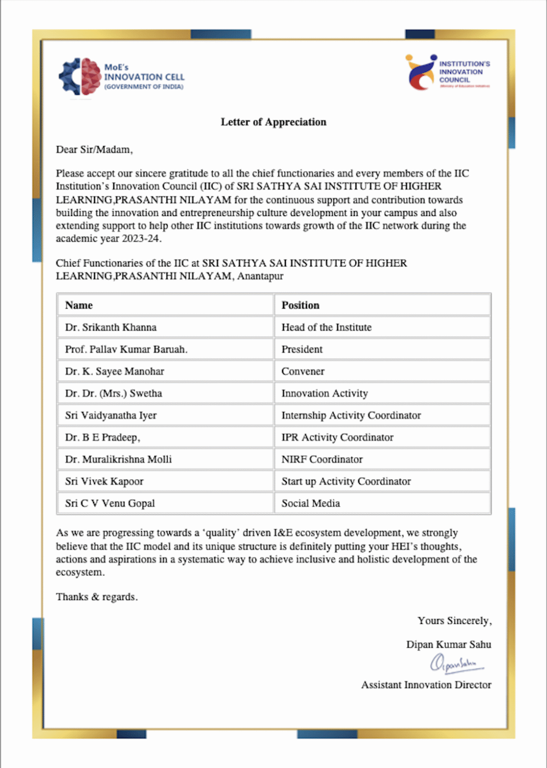 Certificate - SSSIHL - IIC - SSSIHL-IIC Microsite